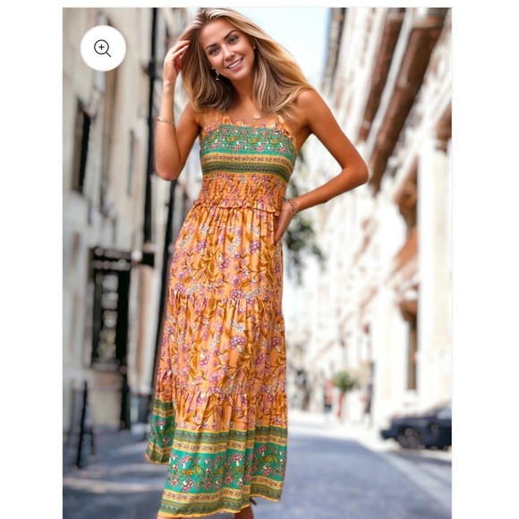 entro | Dresses | Entro Floral Midi Dress In Green And Orange | Poshmark
